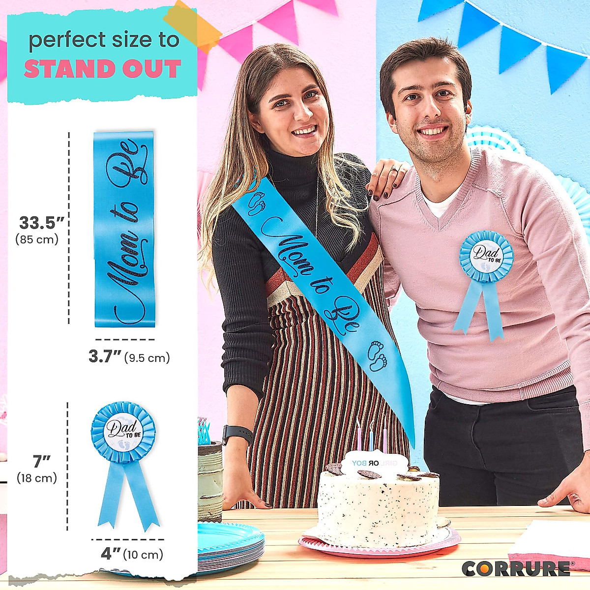 CORRURE Baby Shower Sash and Button Pin for Boy - 'Mom to Be' Sash and 'Dad to Be' Pin with Beautiful Blue Ribbon and Black Glitter Text - Ideal Mom and Dad Gift for Gender Reveal/Baby Shower