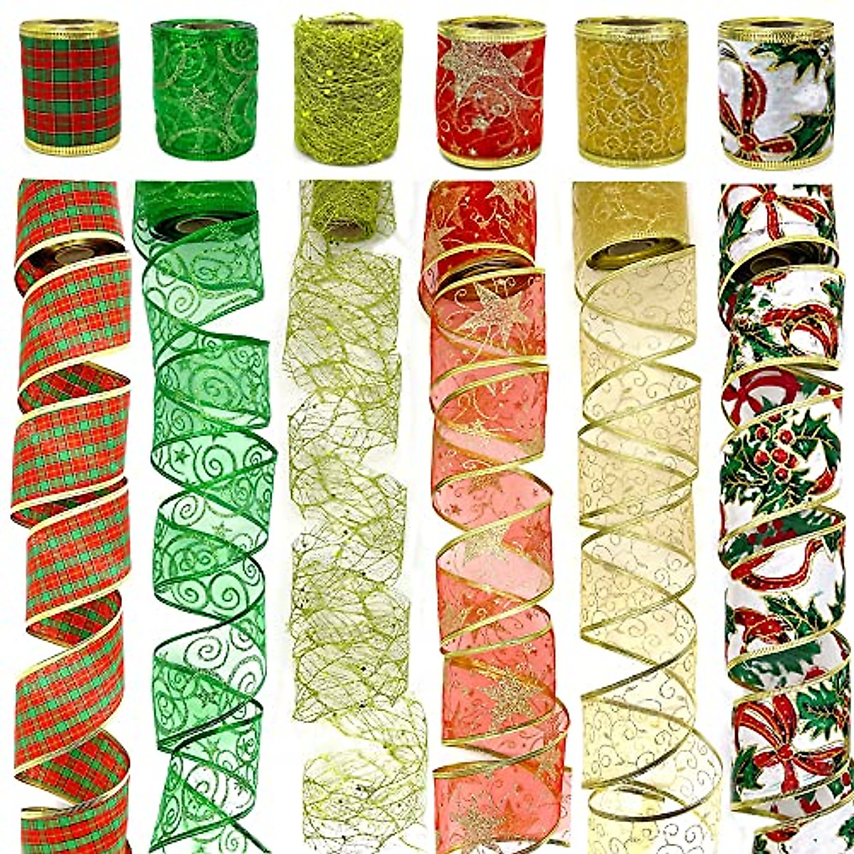 Christmas Ribbon Wired Wrapping Ribbon, 6 Rolls 36 Yards Red Green Gold Christmas Tree Ribbons Garland for Xmas Holiday Decorative Gift Wrapping Tree Wreaths Bows Decorations