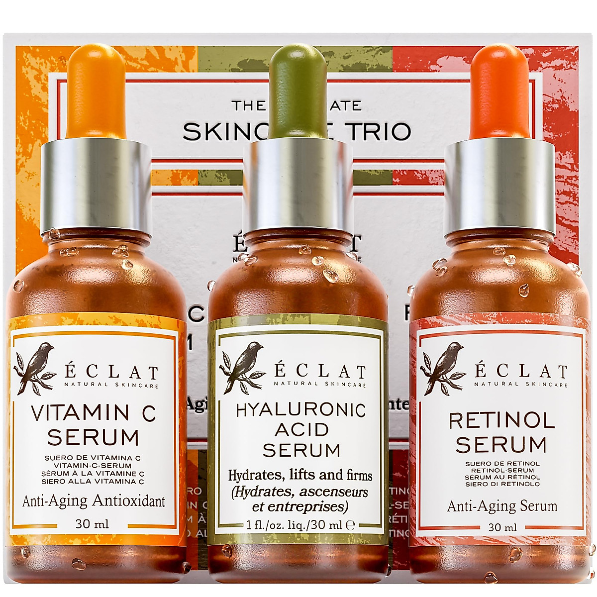 Eclat Skincare 3-Pack Face Serums - Vitamin C, Hyaluronic Acid, Retinol for Anti-Aging, Hydrating Care
