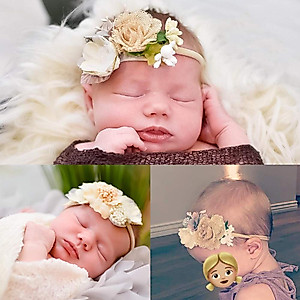 VOBOBE Baby Girl Nylon Headbands Infant Flower Elastic Hair Band Bows Wraps For Newborn Toddler Hair Accessories Pack of 3 (A-Beige)