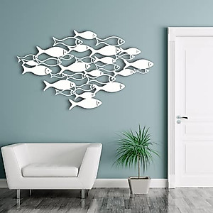 Gamino Metal Wall Art, School of Fish Wall Decor, Metal Fish Wall Art, Bathroom Wall Decor, Coastal Wall Art, Nautical Wall Decor, Home Decor (28" x 16" | 70 x 41 cm, silver)