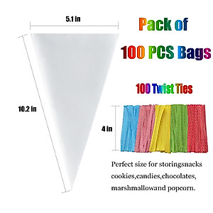 100pcs Sweet Cone Bags 25x13cm with 100pcs Coloured Dot Twist Ties, Clear Cellophane Bags for Baking, Candy, Cookie, Displaying, Wrapping (25x13cm)