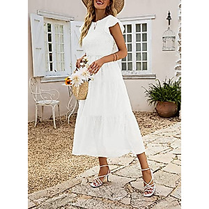 MEROKEETY Women's Summer Dresses for Women 2022 Swiss Dot Crew Neck Smocked Midi Dress,White,S