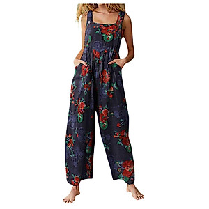 Bravetoshop Women Boho Overalls Summer Floral Loose Suspender Jumpsuits Wide Leg Pants Romper with Pockets (B-Navy,L)
