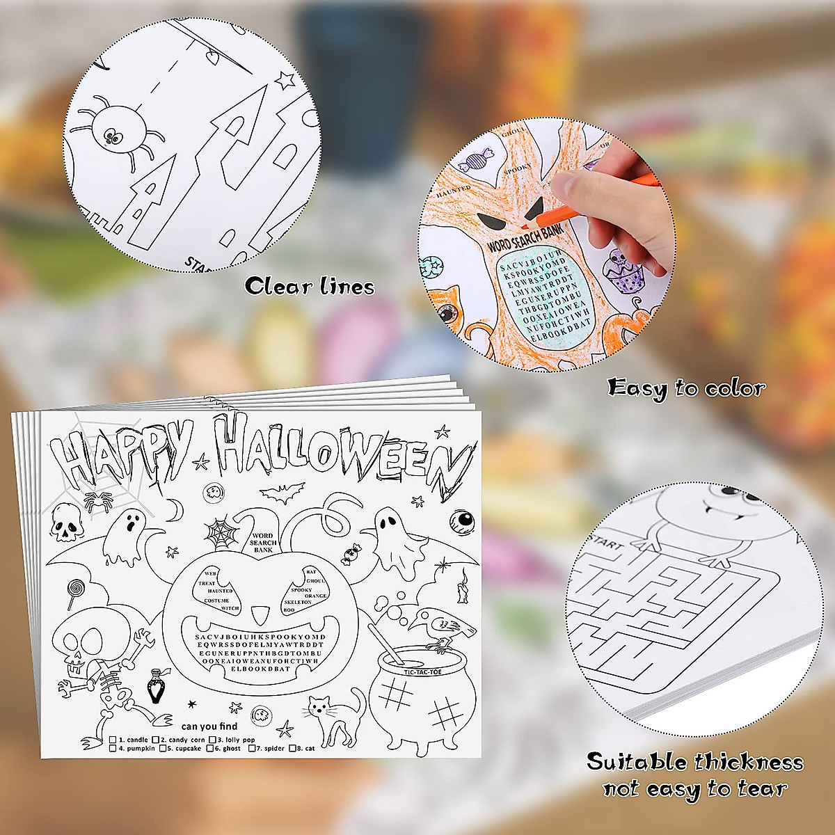 24 Pieces Halloween Paper Placemats Halloween Coloring Paper Placemats Pumpkin Ghost Kitchen Mats Coloring Activity Paper Table Mats for Halloween Party Home Table Supplies, 14 x 11 Inches, 4 Styles