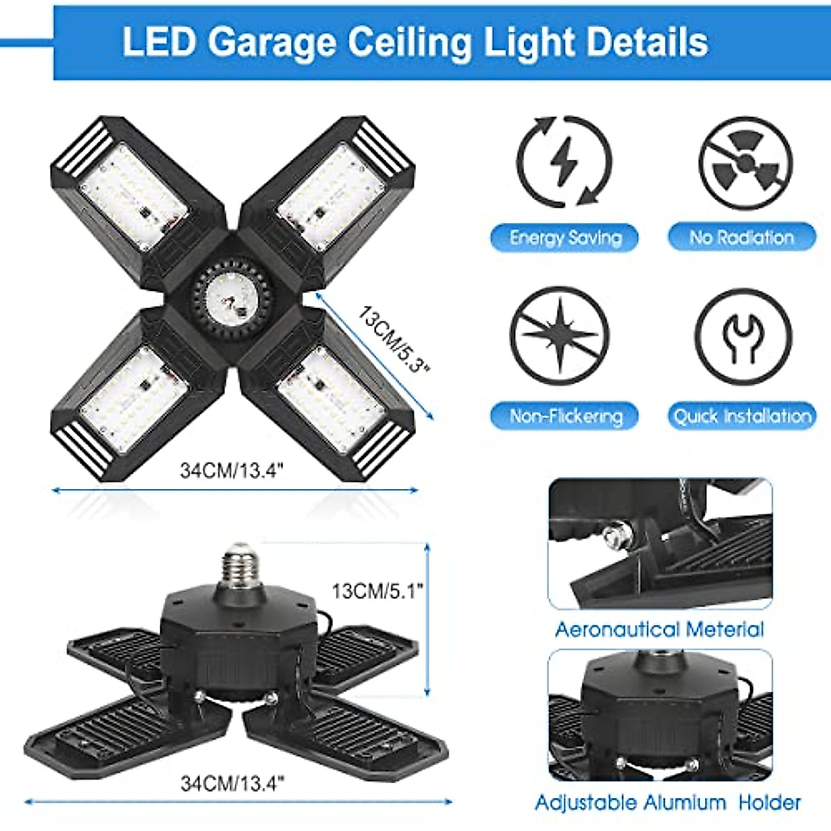 2 Pack LED Garage Lights, 4 +1 Panels 120W 15000LM-6500K Adjustable Ceiling Garage Light with E26/E27 Screw Base Deformable Lighting for Garage Barn Workshop Warehouse Residential High Bay Light