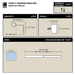Umbra Cappa Curtain Rod, Includes 2 Matching Finials, Brackets & Hardware, 36 to 66-Inches, Gold