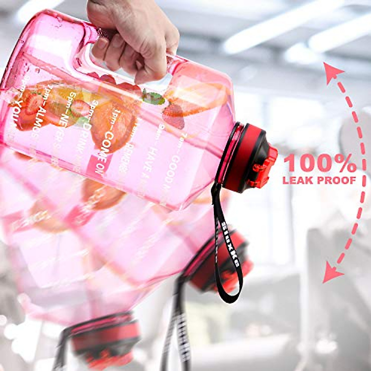 SLUXKE Gallon Water Bottle with Straw and Time Marker, 74oz BPA Free Huge Water Jug with Handle, LeakProof Pop Up Daily Water Intake Bottle Light Pink