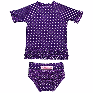 RuffleButts® Girls Rash Guard 2-Piece Swimsuit Set - Purple Polka Dot Bikini with UPF 50+ Sun Protection - 4T