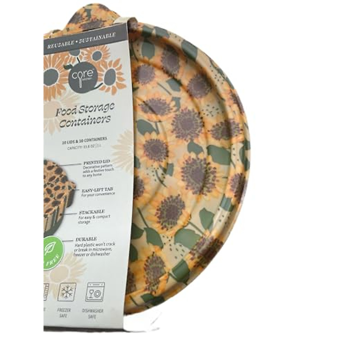 Core Kitchen 20 Piece Food Storage Container Set, 10 Lids and 10 Containers, Special Edition Printed Lids (SUNFLOWERS)