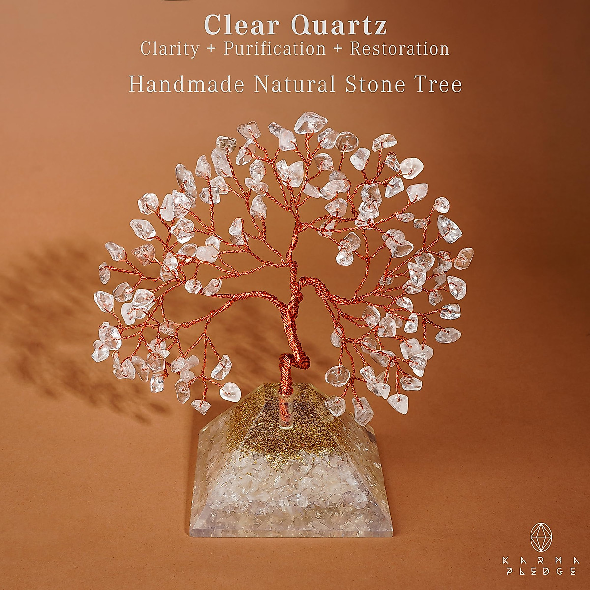 Clear Quartz Crystal Tree Gifts for Women, Pyramid Base 7 Chakra Healing Crystals Tree of Life for Positive Energy, Good Luck, Money, Handmade Feng Shui Decor for Home and Office Desk Decorations