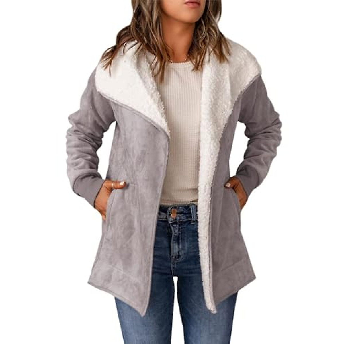 Dokotoo Womens Winter Warm Long Sleeve Open Front Fleece Jacket Stand Collar Sherpa Lined Outerwear Fashion Thicken Faux Suede Coats Jackets for Women 2024,XL,Gray