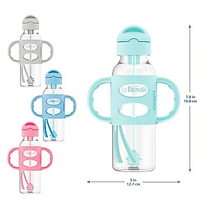 Dr. Brown's Milestones Narrow Sippy Straw Bottle, Spill-Proof with 100% Silicone Handles and Weighted Straw, 8 oz/250 mL, Pink, 6m+