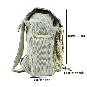 Fwosi Handmade Beige Laptop Backpack - Pure Hemp Bookbag for School, Day Hiking & Travel - Lightweight, Multi-Pocket, 5 Compartments for Books, Purse, Wallet, Everyday Accessories - Crafts from Nepal