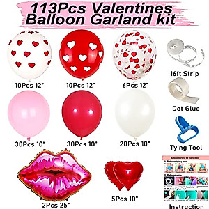 Valentines Day Balloon Garland Arch Kit, 113Pcs White Pink Red Balloons Red Heart Confetti Balloons with Red Heart Lip Mylar Foil Balloons for Valentines Day Proposal Engagement Wedding Party Decorations