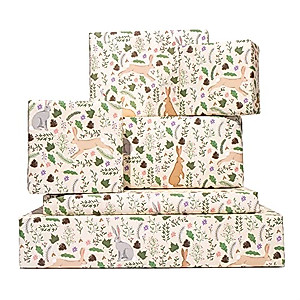 Cute Wrapping Paper - 6 Sheets of Birthday Gift Wrap - Cute Rabbits - Brown Wrapping Paper Sheets - For Girls Baby Shower - Animal Theme - Comes With Fun Stickers - By Central