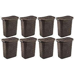Sterilite Plastic Wicker Weave Dirty Clothes Rectangular Laundry Hamper Bin with Snag Proof Interior and Lift Top Lid, Brown (8 Pack)