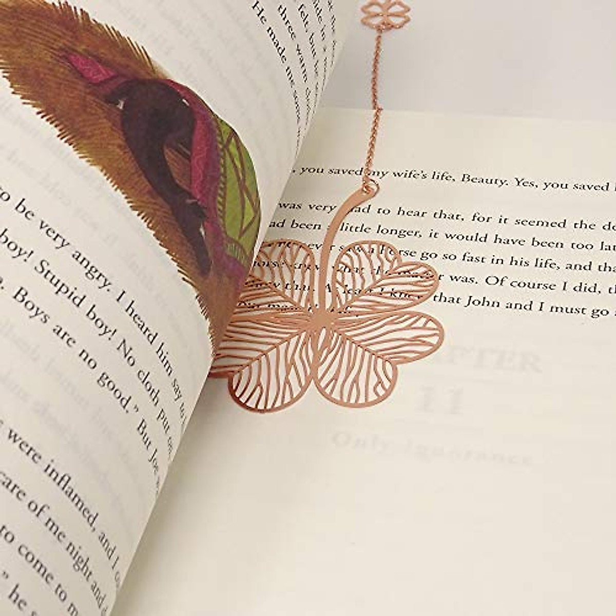 yueton Metal Leaf Bookmarks Clover Leaf Bookmarkers Rose Gold Plated Brass Page Marker with Metal Pendant for Book Lovers