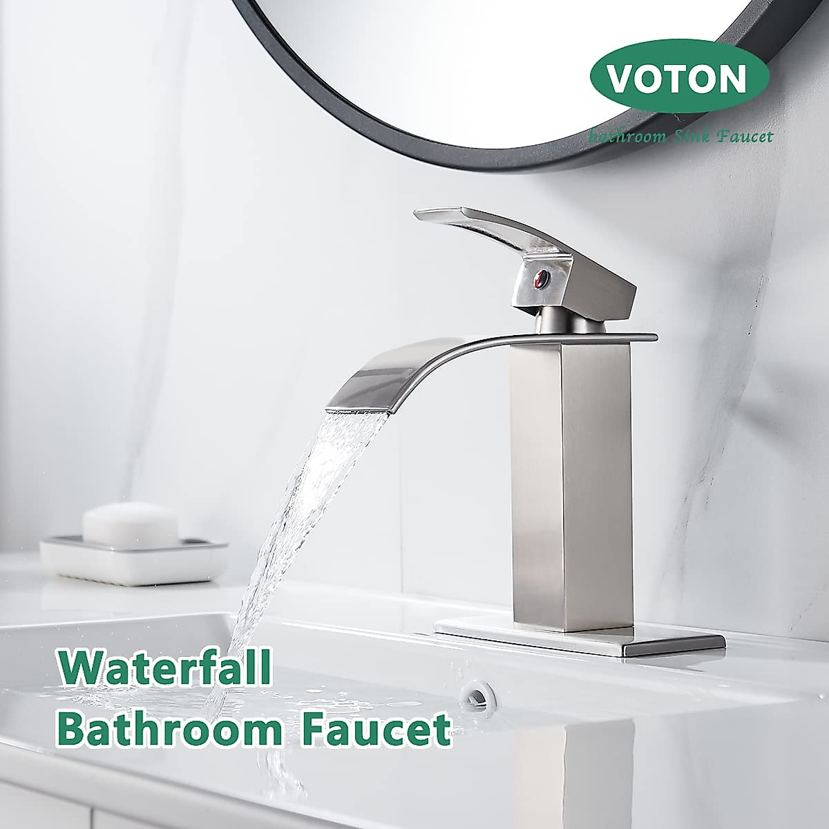 VOTON Waterfall Spout Single Handle Bathroom Faucet Brushed Nickel Commercial Modern Lavatory Tap with Pop-up Drain
