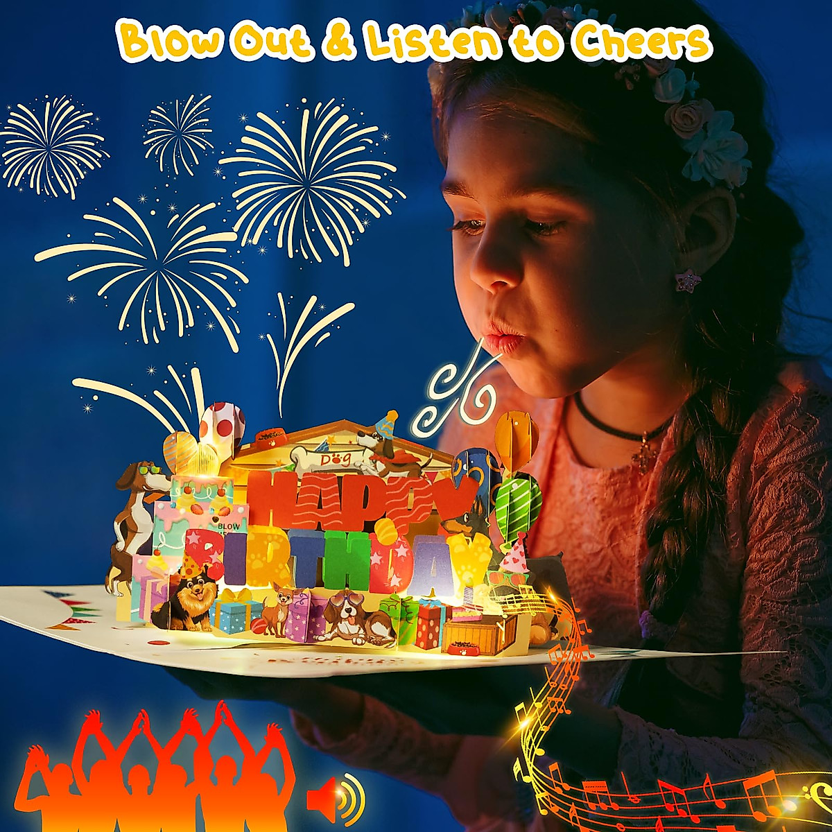 3D Musical Birthday Cards with Lights & Blowable Candle, Pet Dog Theme Funny Birthday Greeting Card, Dog Mom or Dad Bday Popup Cards for Husband Wife Friend and Every Dog Lover Play Song 'Happy Bday'