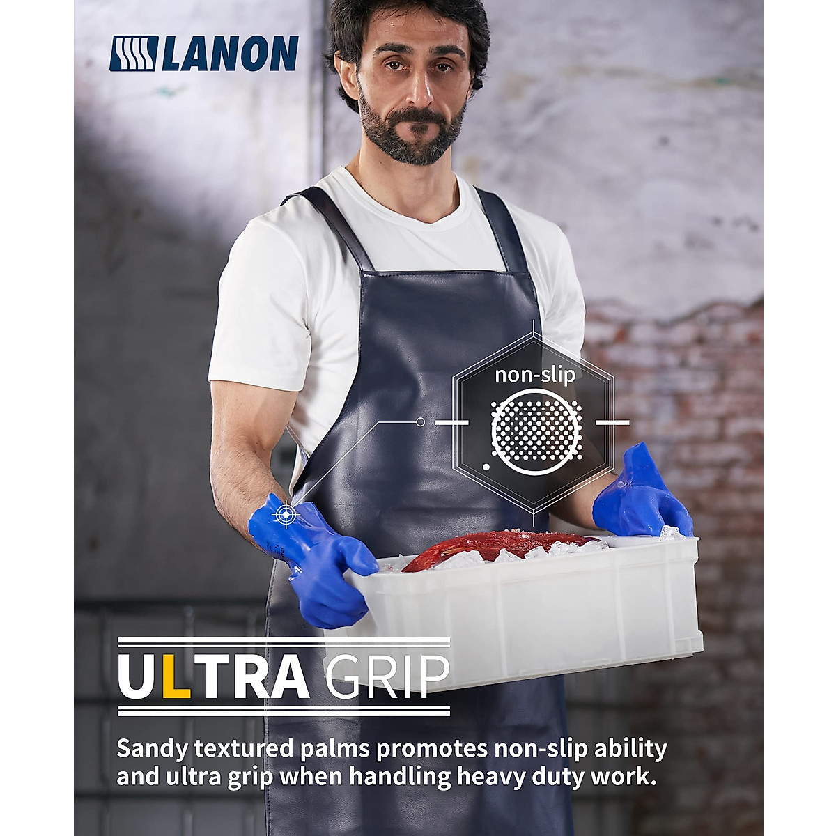 LANON PVC Chemical Resistant Gloves, Heavy-Duty Rubber Gloves, Acid, Alkali and Oil Protection, Non-Slip, Blue, XL