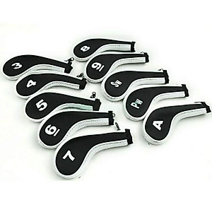 DBYAN 10pcs Number Print Long Sleeve Golf Club Iron Covers Head Covers Set with Zipper for Irons Taylormade Ping Callaway Mizuno Cobra,Black & White