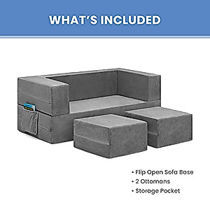 Delta Children Convertible Sofa and Play Set for Kids and Toddlers Modular Foam Couch and Flip Out Lounger with 2 Ottomans, Grey