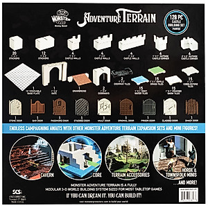 Monster Adventure Terrain- 128pc Painted Castle Expansion Set w Baseplate- Fully Modular & Stackable 3-D Tabletop World Builder, Compatible w DND Dungeons Dragons, Pathfinder, All RPG Game, Gift