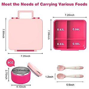 Pawtong Bento Lunch Box with 8oz Soup Thermo, Kids Leakproof Lunch Food Containers with 4 Compartment, Kids Thermo Insulated Hot Food Jar for School, Trvael - (Pink)