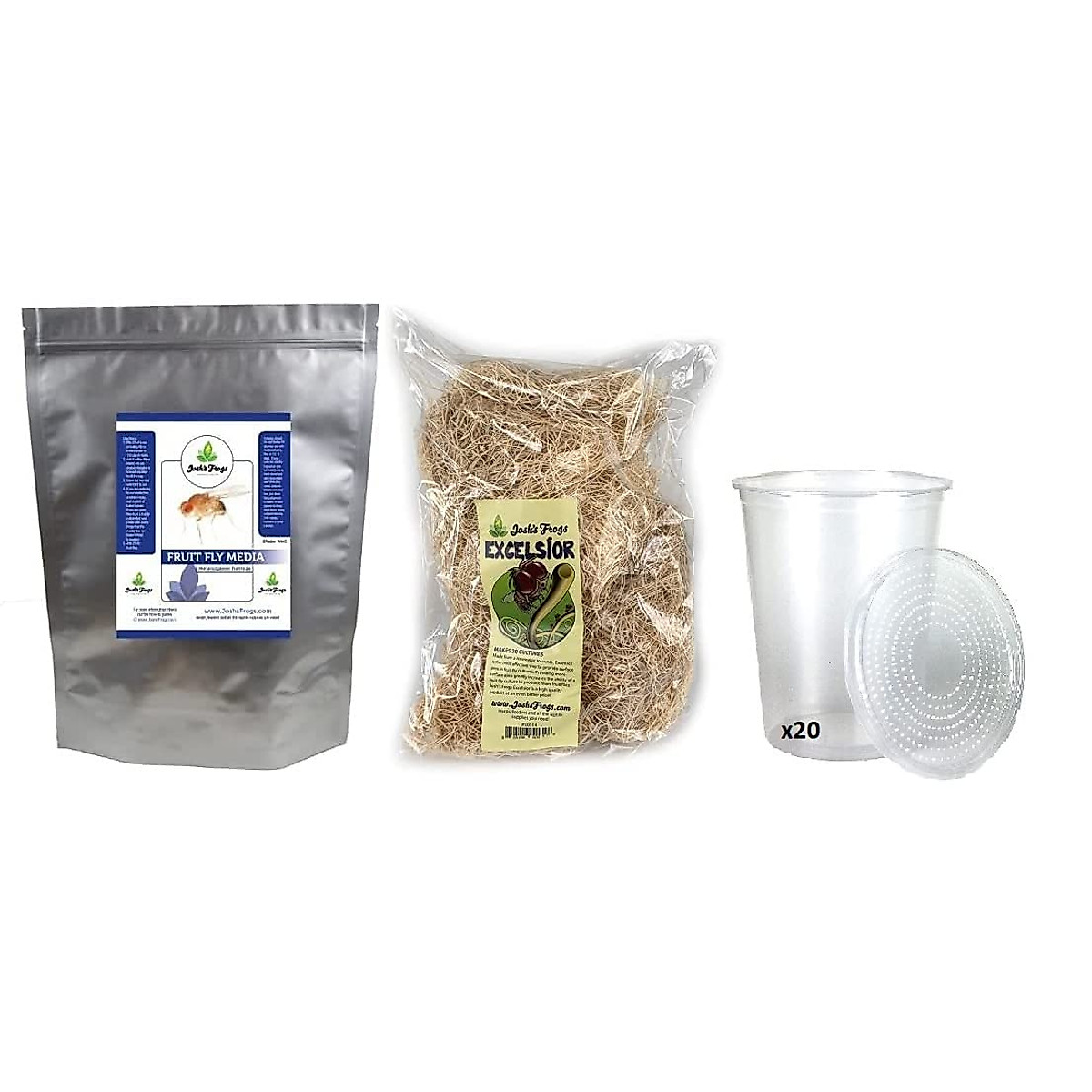 Josh's Frogs Melanogaster Fruit Fly Culturing Kit with Media, Vented Cups, and Excelsior (Large)