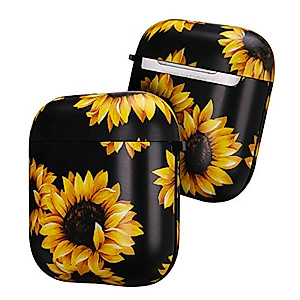 Qokey Compatible with Airpods Case,Flower Floral Pattern Cute Case for Women Girls Soft Silicone Wireless Charging Case Chrome Keychain Portable & Shockproof Accessories Kit for AirPods 1/2 Sunflowers