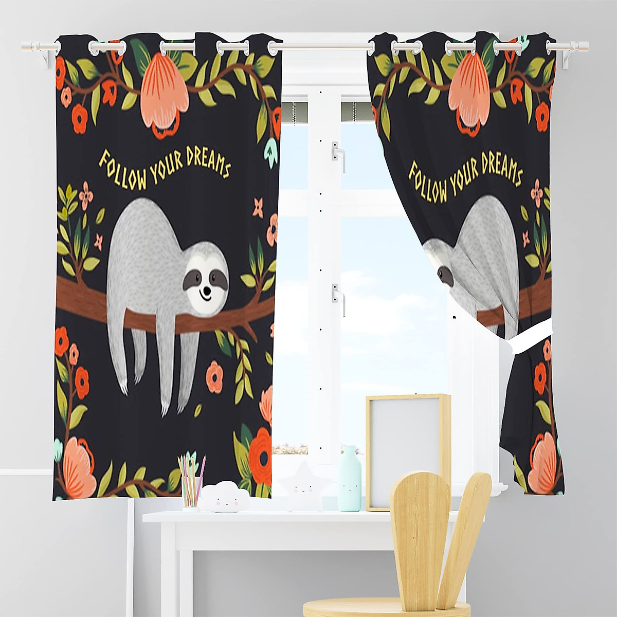 ANHOPE Sloth Curtains for Girl Bedroom - Follow Your Dreams Cute Jungle Sloth Animal Print Pattern Waterproof Fabric Grommet Window Drapes for Nursery Baby Boys Playroom Set 2 Panels W29.5 x L65