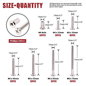 Hilitchi 120-Pcs M6 x 25/35 / 45/55 / 65 / 75mm Rivet Phillip Countersunk Head Screws Bolts Dowel Barrel Nuts Assortment Kit for Furniture Hardware Fitting
