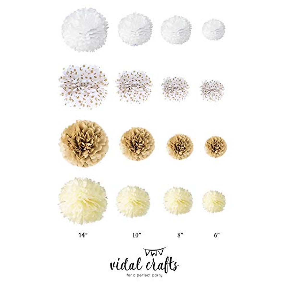 Vidal Crafts 20 Pcs Tissue Paper Pom Poms Kit (14", 10", 8", 6" Tissue Paper Flowers) for Wedding, Birthday, Engagement Party Décor, Gender Neutral Baby Shower, Boy or Girl Nursery Decoration