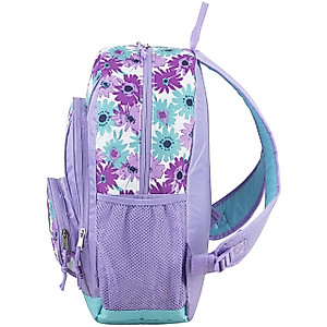 Eastsport Multi Pocket Backpack, 18” Triple Compartment Book Bag w/Adjustable Padded Straps - Purple Flowers