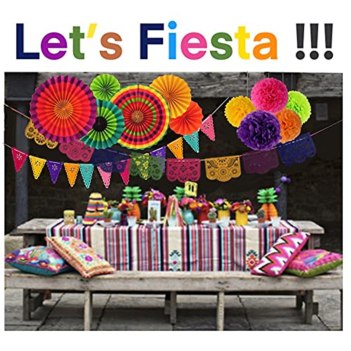 Mexican Fiesta Party Decorations – Cinco De Mayo - 6 Paper Fans, 5 Flowers Pom Poms, Papel Picado, Pennants Garland, PDF Games - Taco Bout Tuesday, Birthday, Engagement Supplies