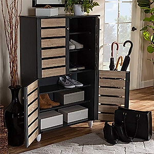 BOWERY HILL Mordern Two-Tone Oak Wood 4-Door Shoe Cabinet in Dark Gray