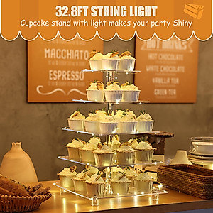 Antimbee 5 Tier Clear Acrylic Cupcake Stand with Gold LED Light String, Square Cup Cake Holder Tower Display
