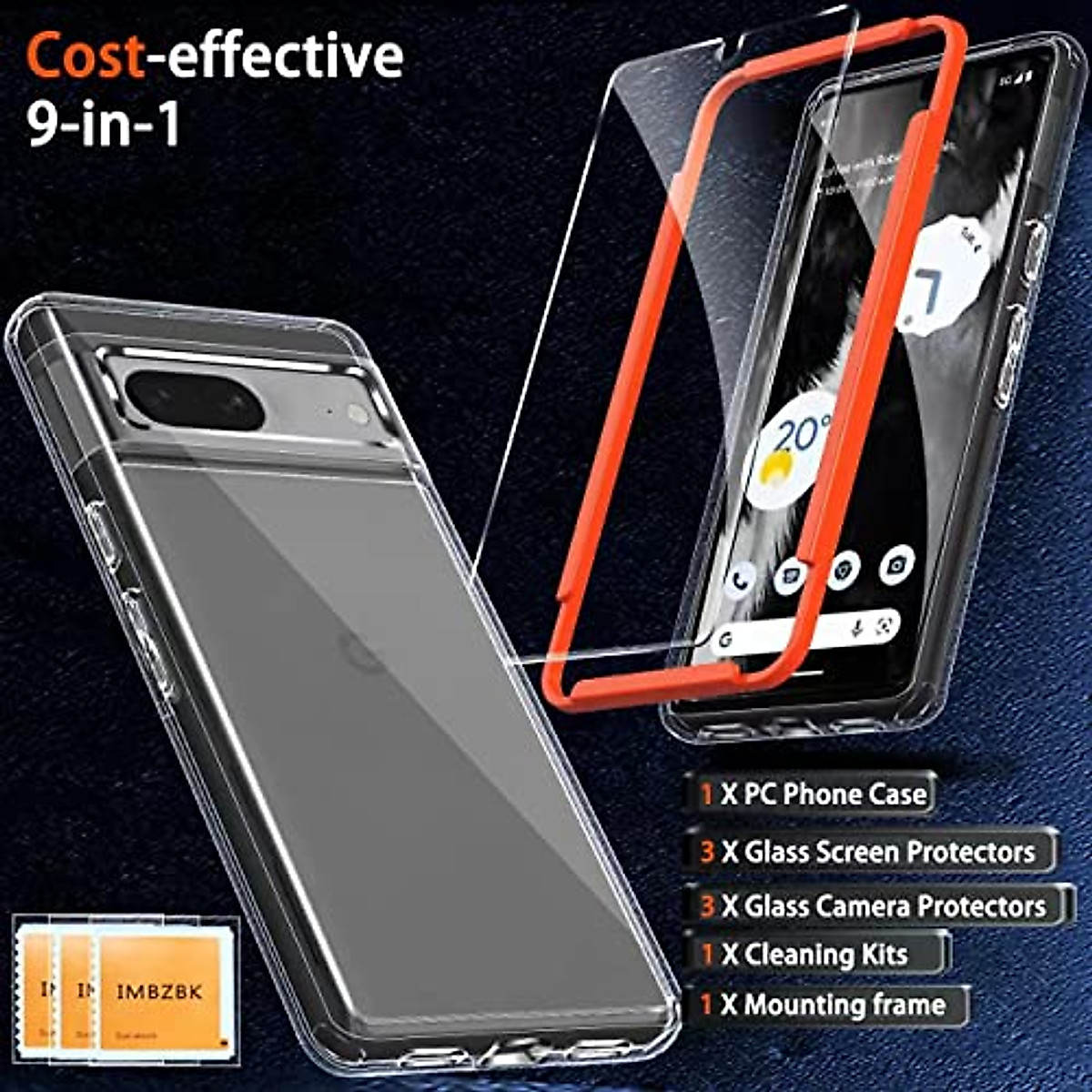 IMBZBK [9 in 1] for Google Pixel 7 Case Clear with 3 Pack Tempered Glass Screen Protector Accessories 3 Pack Camera Lens Protector Protective Slim Thin Cute Phone Cases cver funda for Women Men