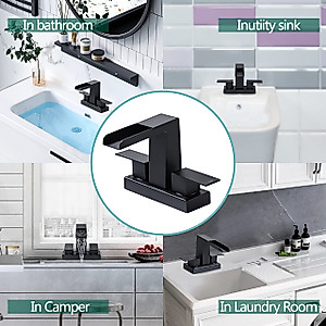 HAMOLER 4 Inch Centerset Waterfall Bathroom Faucet 2 Handle 3 Hole Basin Faucet with Pop Up Drain with Overflow, Vanity Faucet Matte Black