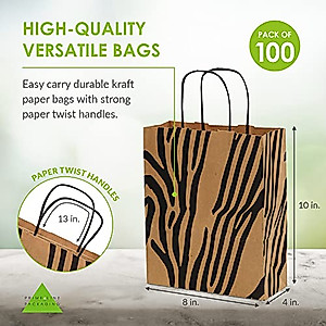 Brown Paper Gift Bags - 8x4x10 Inch 100 Pack Brown Animal Print Paper Bags with Handles, Cheetah, Zebra, Leopard, for Shopping, Small Business, Retail, Take-Out, Merchandise, Parties, Events