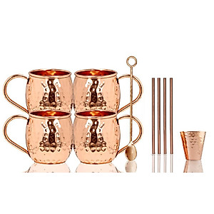 BOLD & DIVINE Authentic Moscow Mule Copper Mugs | Solid 100% Copper Cups Set w/ 4 Straws, 1 Shot Glass, 1 Spoon | Set of 4 (16oz)