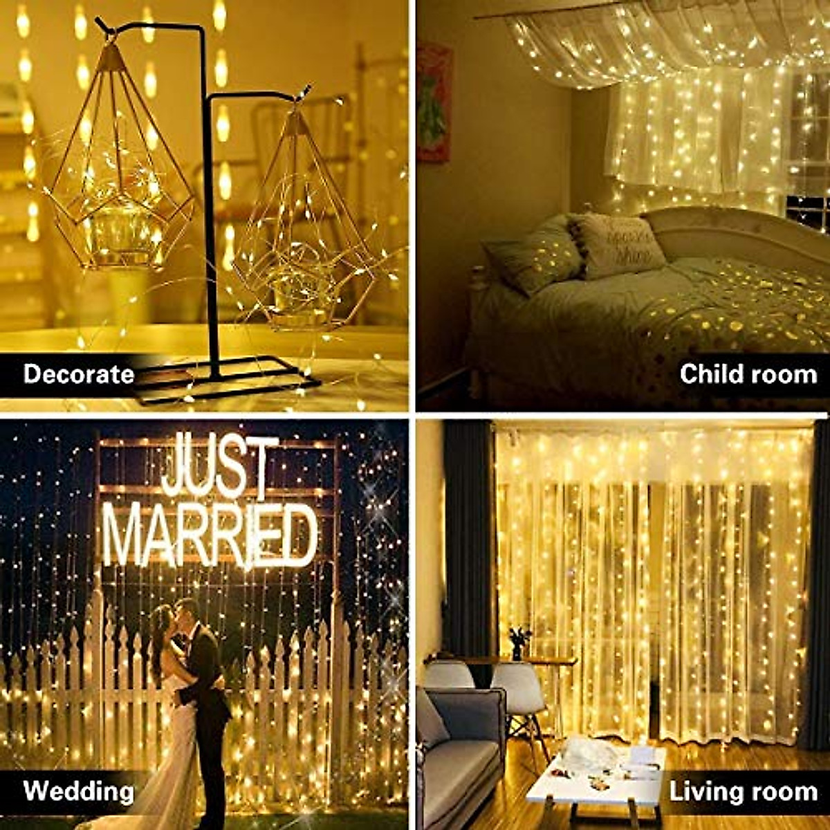 LIUPENGWEI LED Light String Curtain, Remote Control, 8 Modes Lights, Warm White LED 300 Fairy Lights, Decorative Light String Fairy, Home Garden Decoration Wedding Party Garden Ghost Light