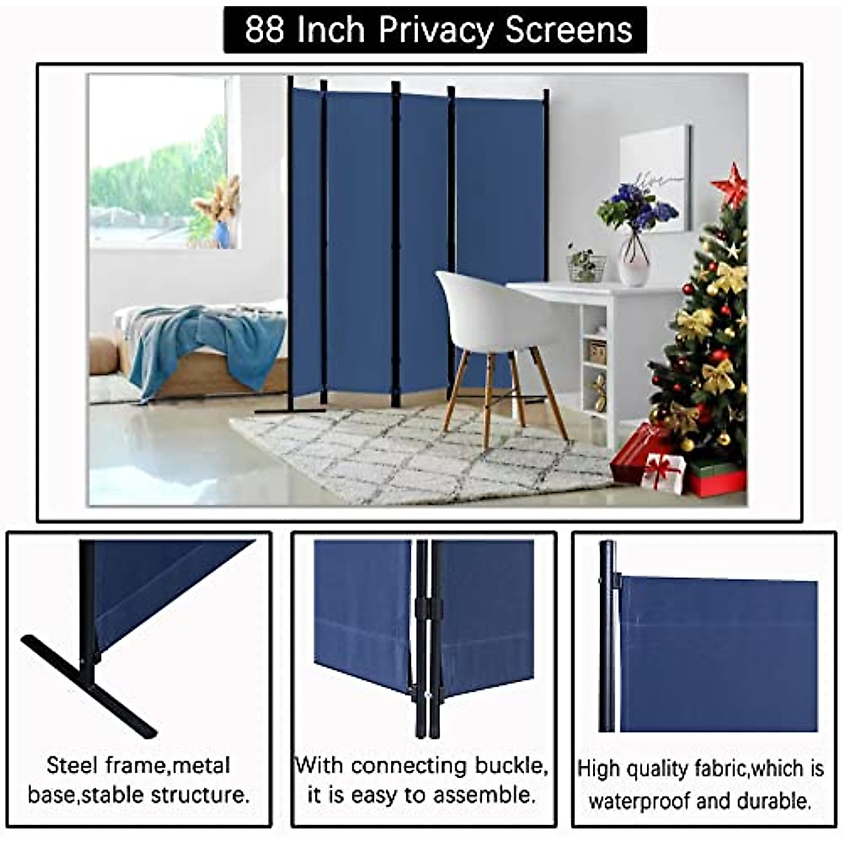 GOJOOASIS Room Dividers Folding Privacy Screens 4 Panel Partition (Blue)