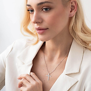 Ladylike 18K Gold Plated Sterling Silver Moissanite Cross Pendant Necklace for Women, with 11 Pieces of 3mm VVS1, D moissanites,Small and Exquisite Necklace,16+2" inches Necklace Chain (Silver)