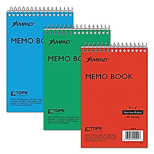 Ampad Efficiency Pocket Notebook, Recycled, 4 X 6 Inches, Single Wire, Top Open, Assorted Covers,3 Notebooks per Pack, Red/Blue/Green (45-094)