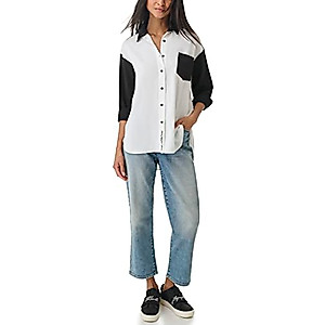 Karl Lagerfeld Paris Women's Soft Long Sleeve Colorblock Everyday Fashion Sport Blouse, White Black, X-Small