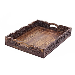 Hand Carved Wooden Serving Tray - Decorative Breakfast Tray with Handles - Rustic Wooden Food Tray with Intricate Detail - Unique Furnishing Accent - Natural Finish - 17 x 13 x 2.5 Inch - COTTON CRAFT