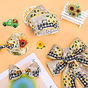 Whaline Sunflower Truck Wired Edge Ribbon Vintage Spring Summer Floral Fabric Ribbon Farmhouse Buffalo Plaids Decorative Craft Ribbon for Gift Wrapping Hair Bow Sewing Wreath Crafts, 10 Yards