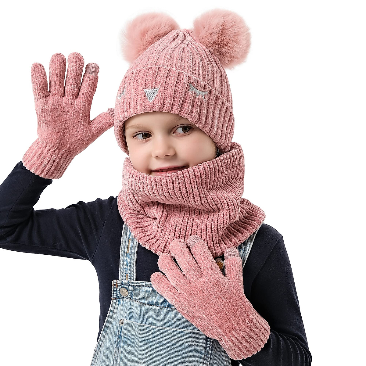 MAYLISACC Toddler Gloves Girl Hats and Gloves Set Kids 3 Pack Toddler Hat and Gloves Winter Warm Pom Beanie Hat Fleece Lined Neck Warmer Gloves Set Girls Hat Scarf and Glove set Scarfs for Girls Pink
